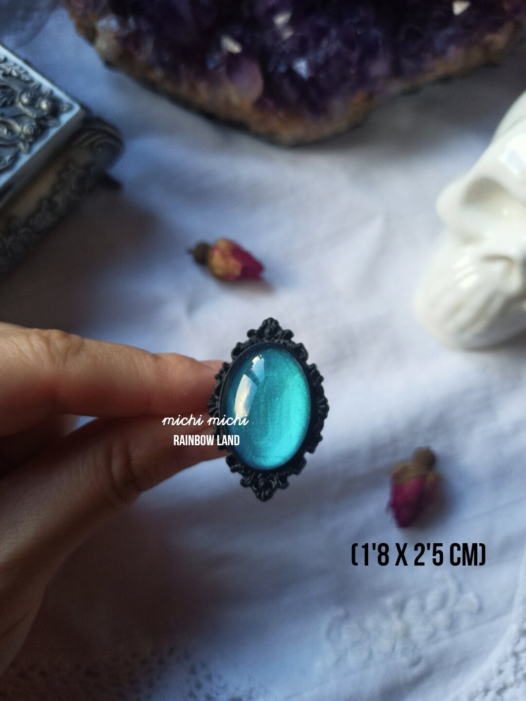 Hand Painted Turquoise Ocean Gothic Ring, Black Cameo, Blue Gem Jewel ...