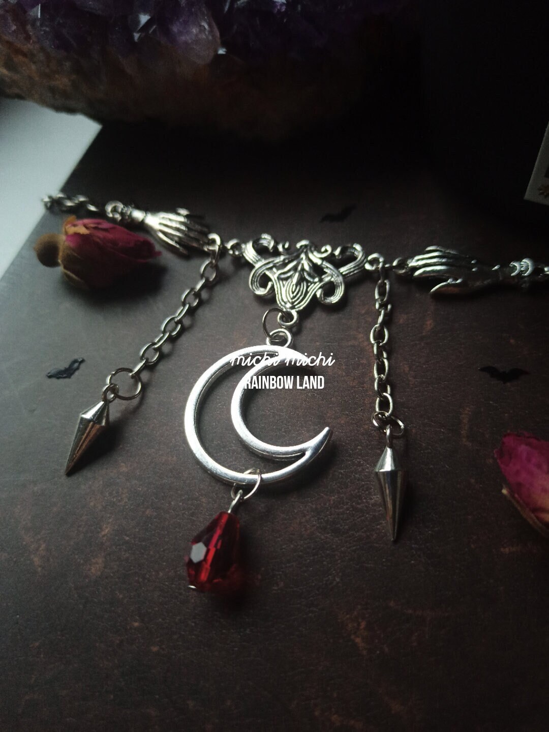 Red Dark Witch Magical Necklace, Silver Filigree Moon Pendant, Baroque ...