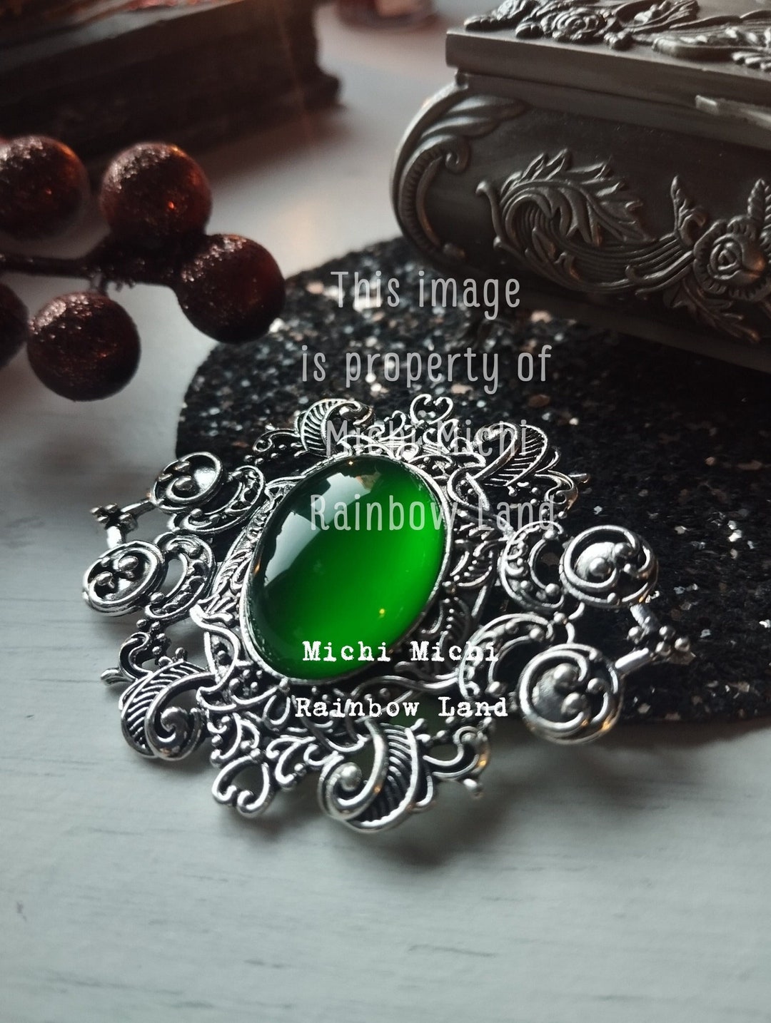 Gothic Romantic Emerald Green Brooch, Vampire Filigree Jewelry, Wedding ...