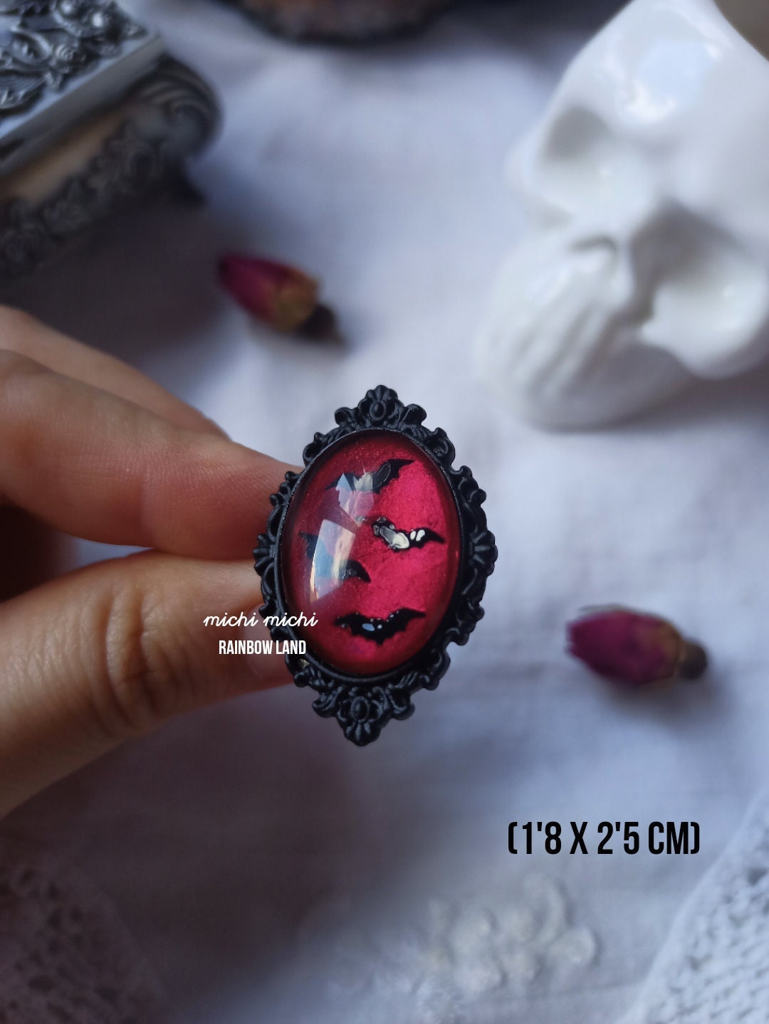 Hand Painted Bats in Red Night Gothic Ring, Black Witch Potion, Blood ...