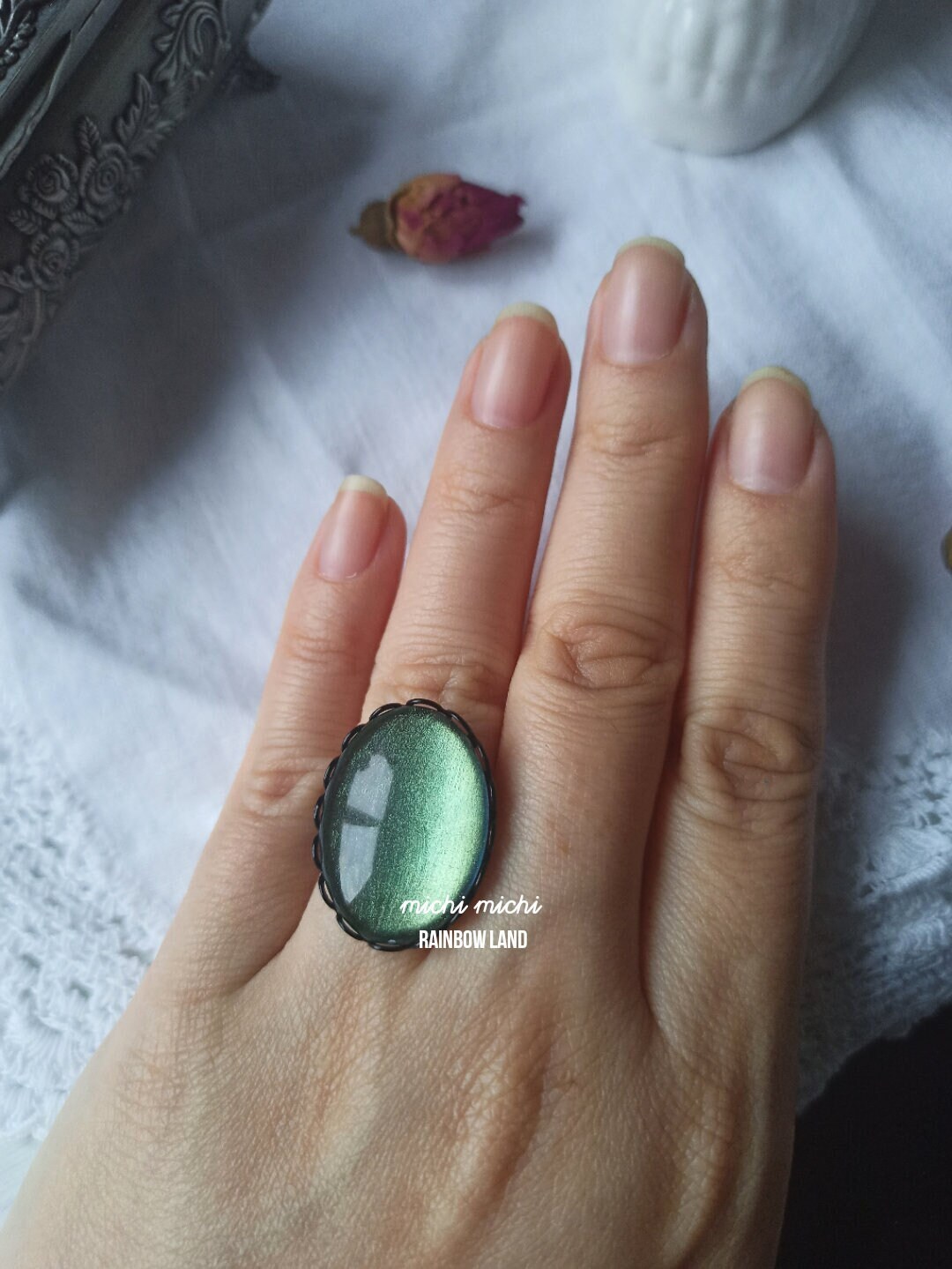 Hand Painted Green Metallic Gothic Ring, Elf Necklace, Nature Forest ...