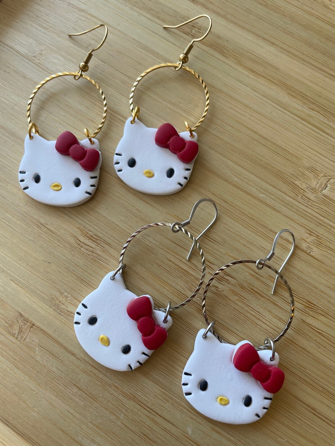Hello Kitty Inspired Hoop Dangles - Polymer Clay Earrings - Etsy