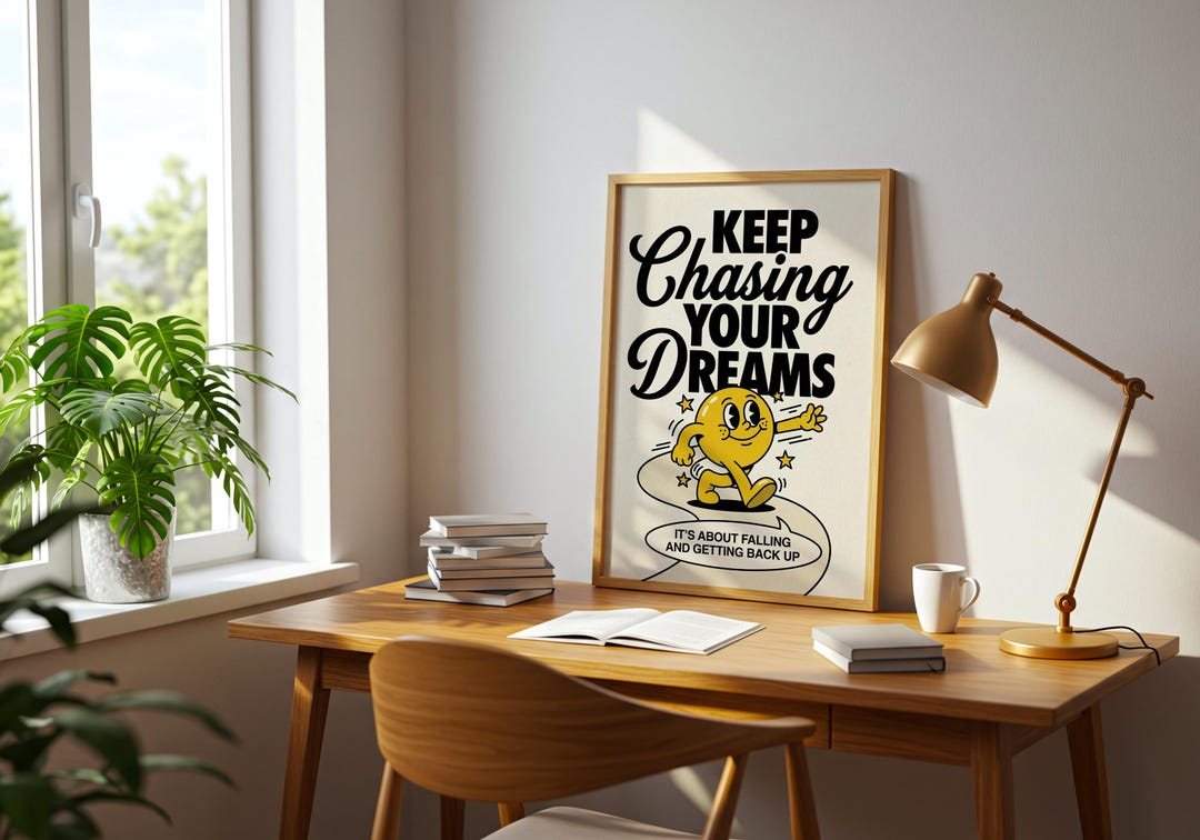Dream Chaser Poster, Retro Mascot Wall Art, Motivational Cartoon Style ...