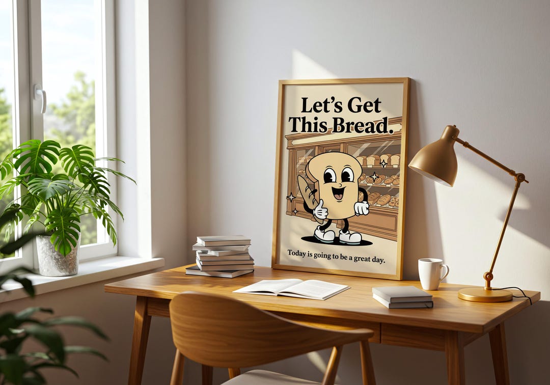 Let’s Get This Bread Poster, Retro Bread Mascot Print, Rubber Hose ...