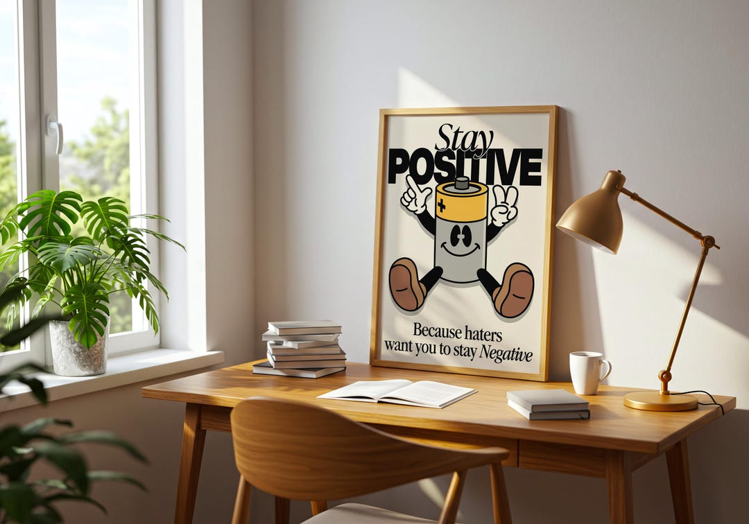 Stay Positive Quote Poster, Battery Mascot Wall Art, Funny Motivational ...