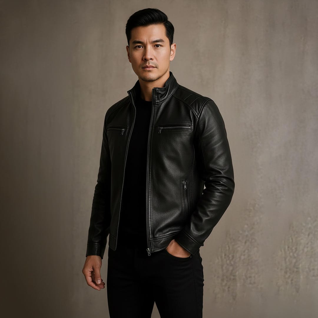 Men 1990's Simple Black Leather Jacket, Handmade-men’s Lightweight ...