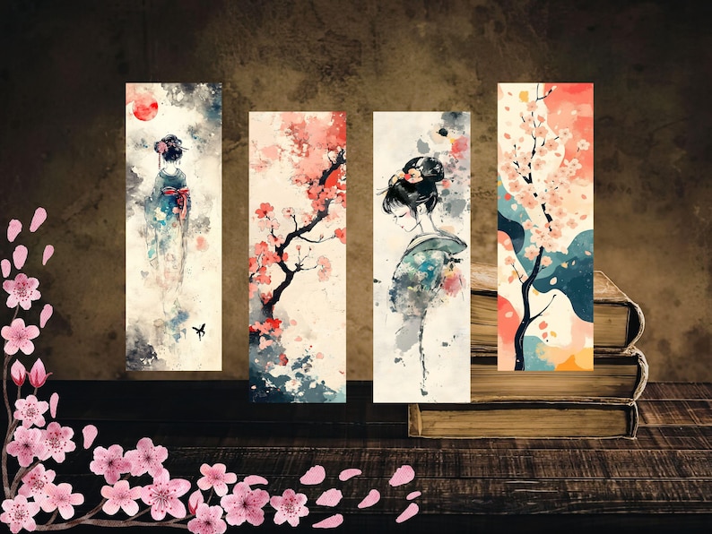 Japandi Kimono Lady Sakura Bookmarks, Minimalist Japanese Art (digital ...