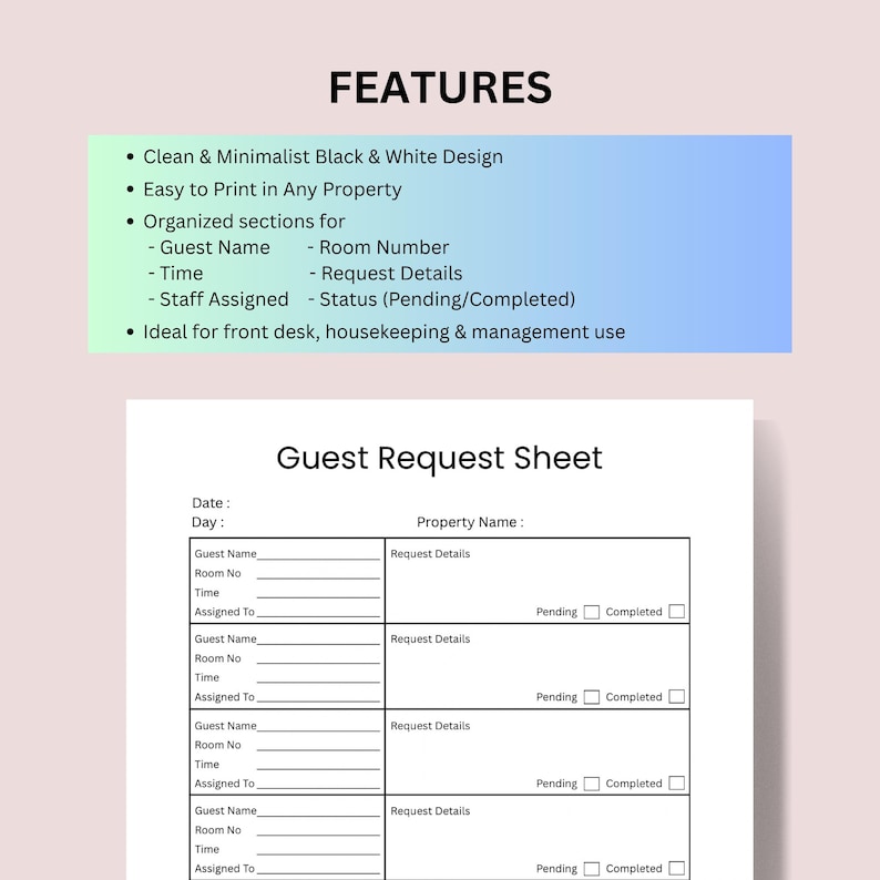 Editable Guest Request Sheet | Hotel Request Form | Front Desk ...