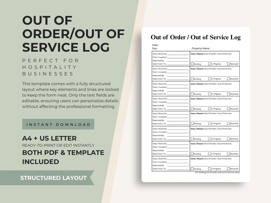 Out of Order Out of Service Log | Hotel Maintenance Log Sheet ...