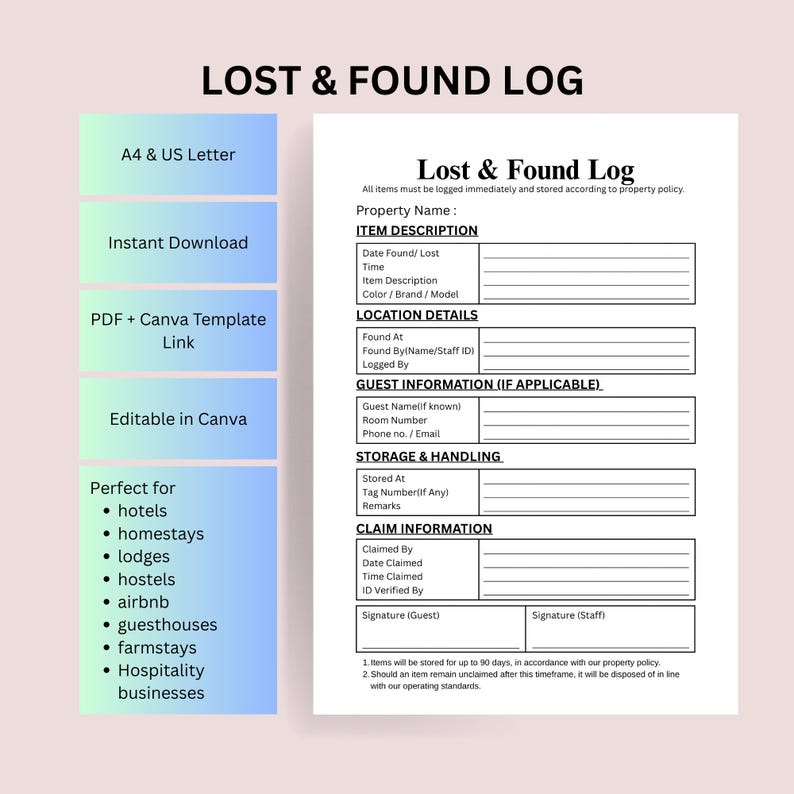 Lost & Found Log Template | Printable A4 US Letter | Hospitality ...