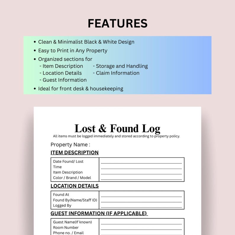 Lost & Found Log Template | Printable A4 US Letter | Hospitality ...