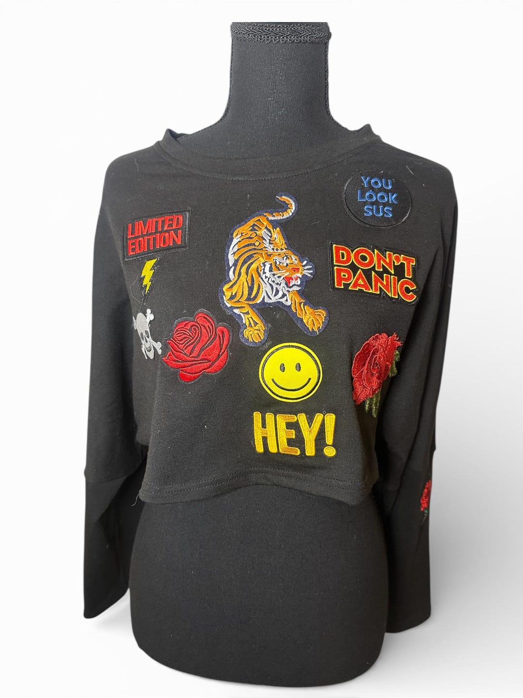 You Look Sus, Women's Cropped Long Sleeve Black Top With Patchwork - Etsy