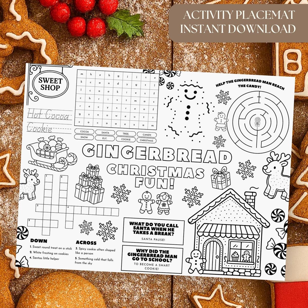 Gingerbread Christmas Activity Placemat for Kids | Printable Holiday ...