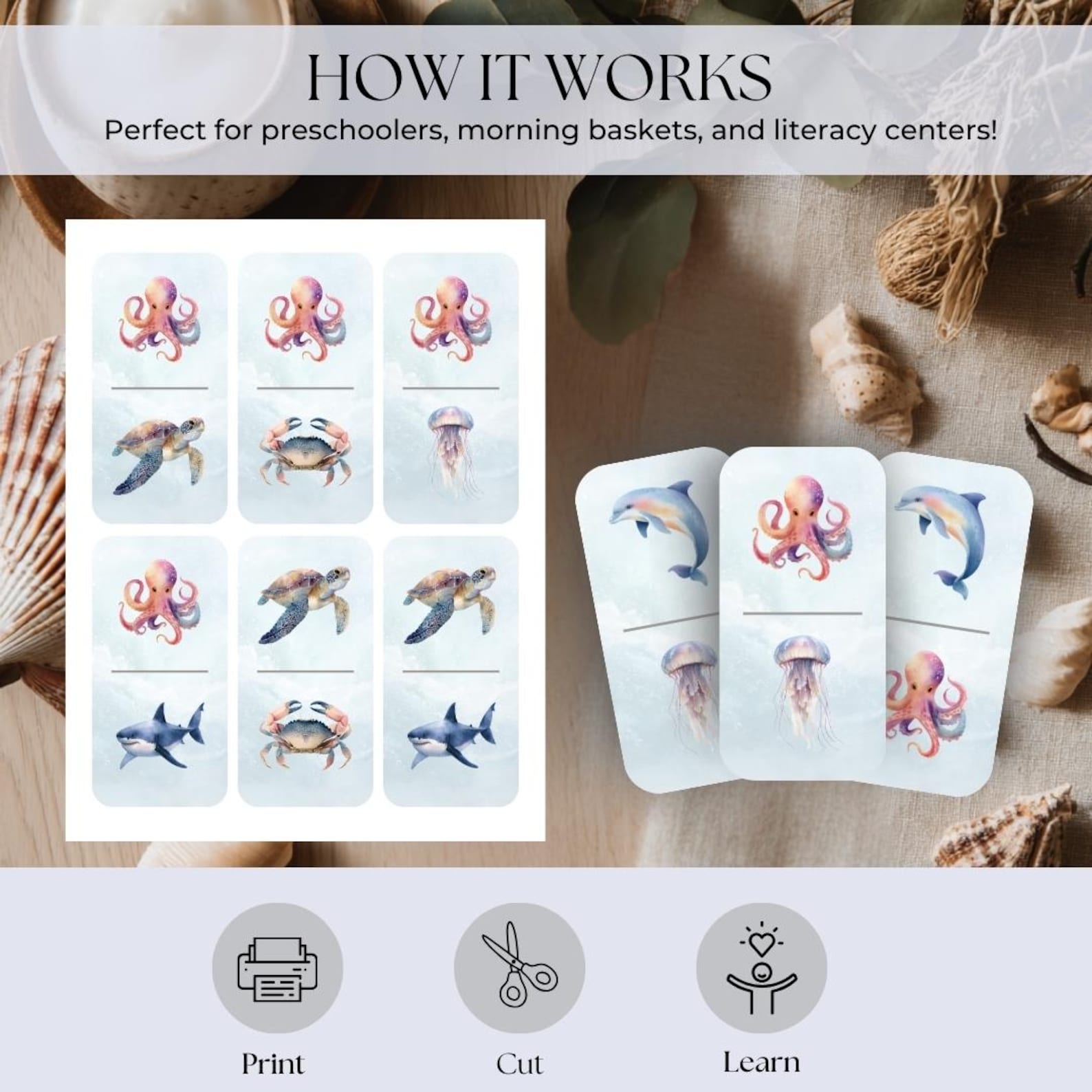 Ocean Animals Domino Cards Printable, Preschool Matching Game, Sea ...