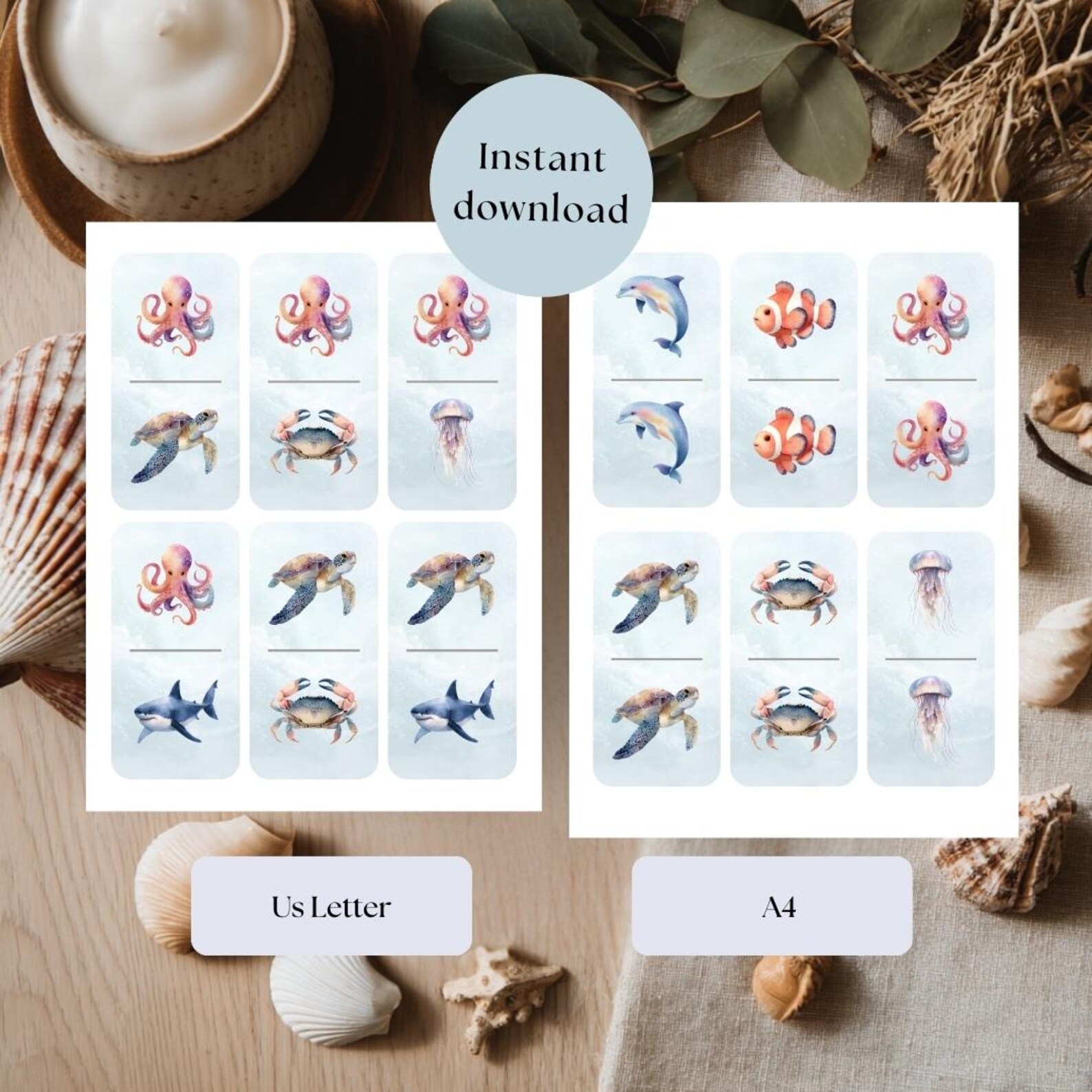 Ocean Animals Domino Cards Printable, Preschool Matching Game, Sea ...