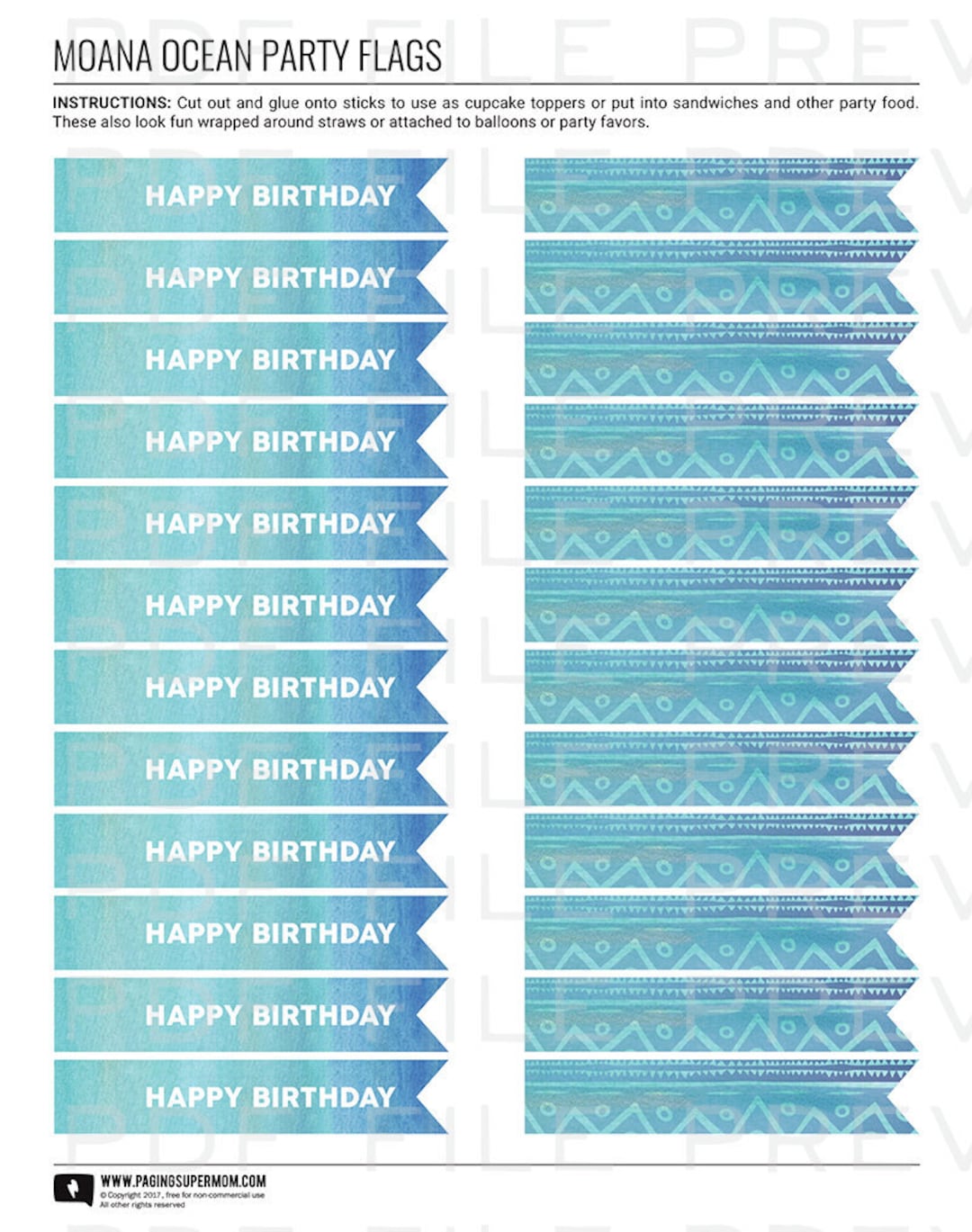 Moana Party Flags - Printable & Editable PDF - Instant Download of ...