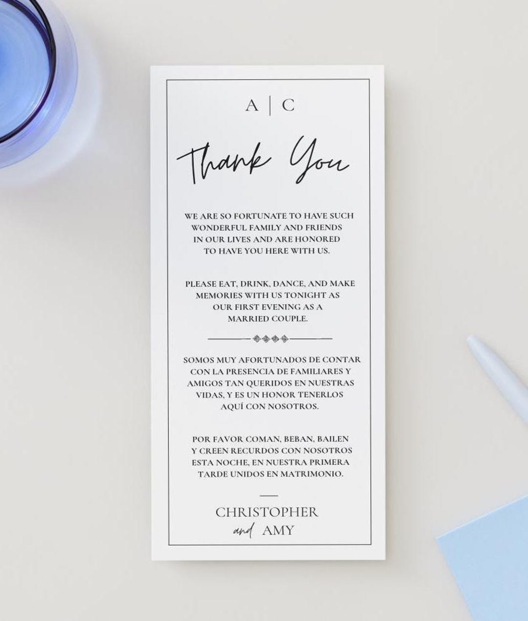 Bilingual Thank You Table Card | English–spanish Wedding Place Card ...