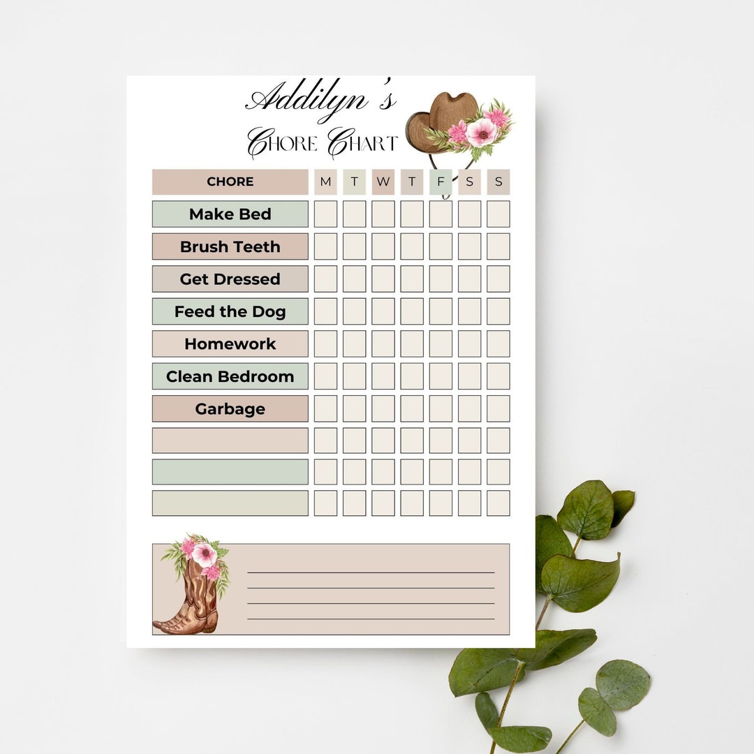 Cowgirl, Blush, Pink, Boots, Hat, Custom, Girls, Chore Chart - Editable ...
