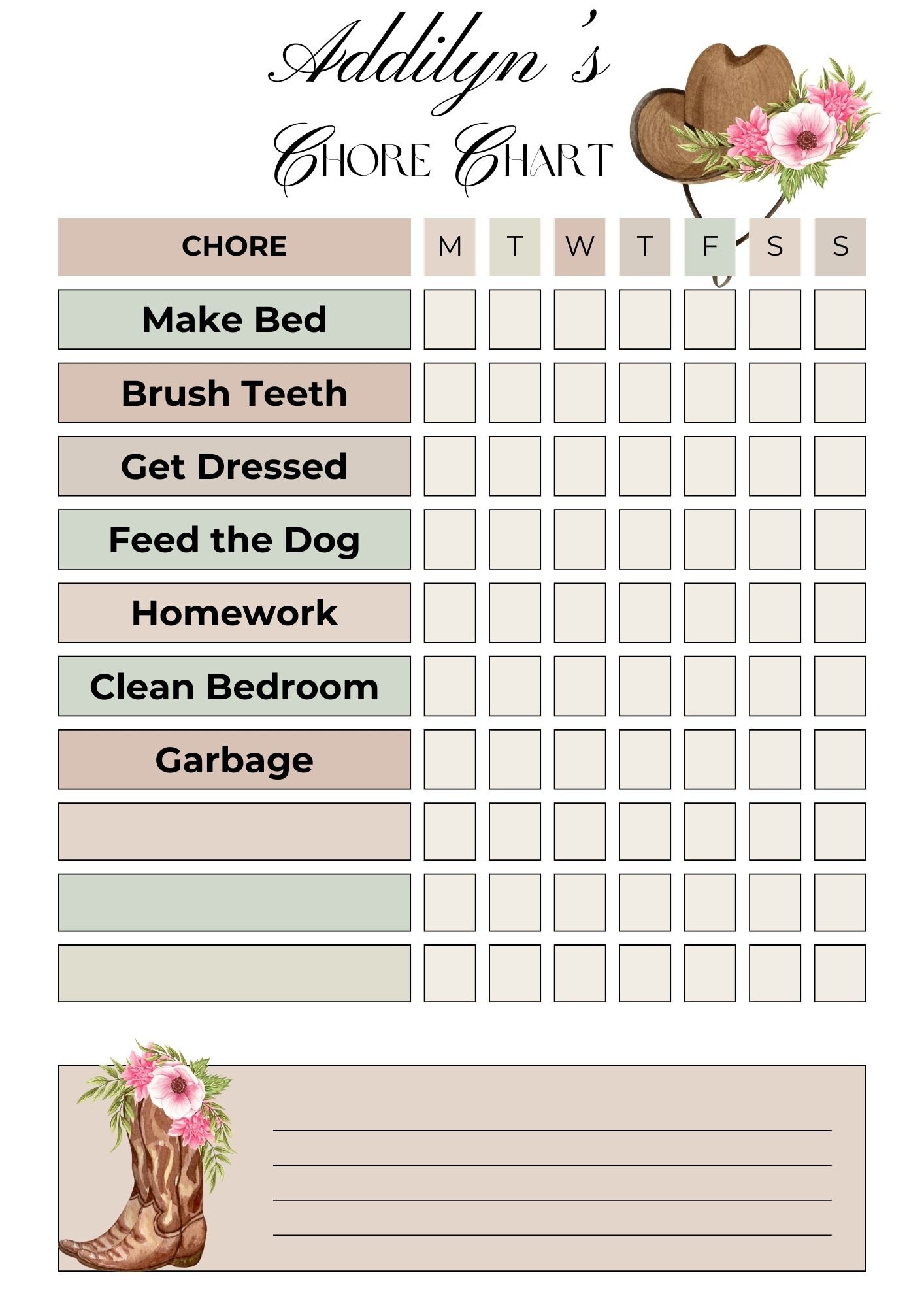 Cowgirl, Blush, Pink, Boots, Hat, Custom, Girls, Chore Chart - Editable ...
