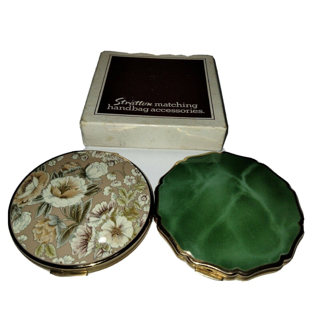Stratton England Powder Compacts 1960s Vtg 2 Piece Lot Green & Floral ...