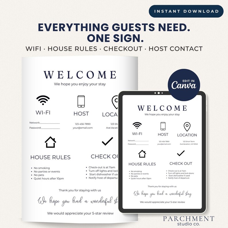 Editable Airbnb Welcome Sign Template, Wifi, House Rules, Checkout ...