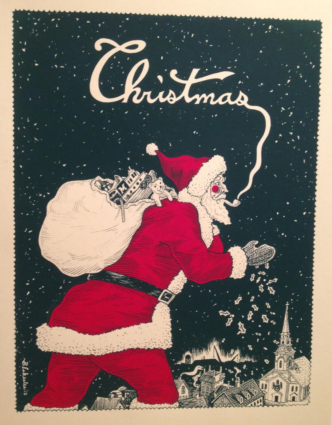 Christmas Print, Santa Claus Spreading Holiday Cheer, Handmade Screen ...