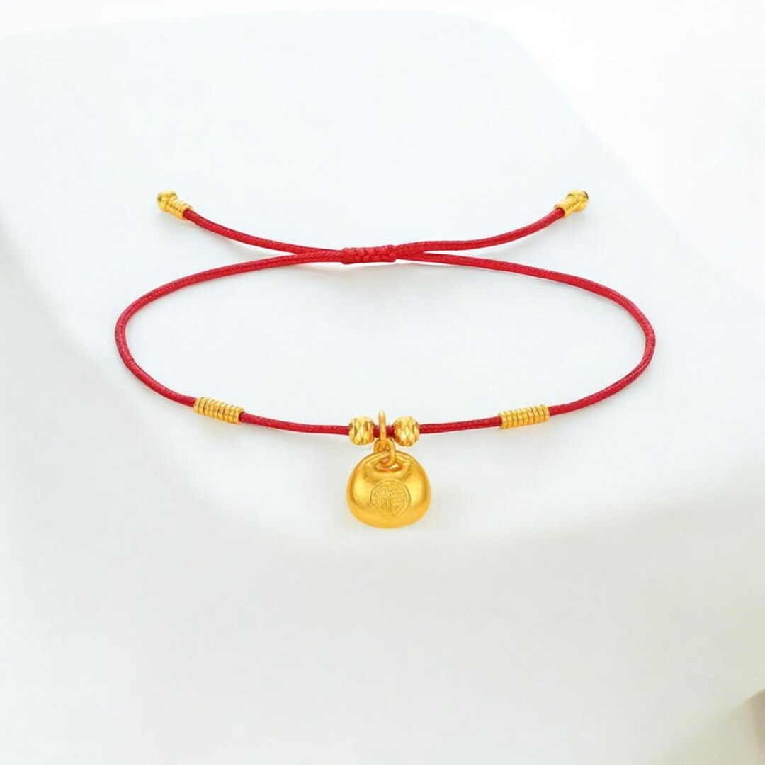 24k 999 Gold "fu" Lock Bag Chinese Blessing Charm Red Rope Bracelet - Etsy