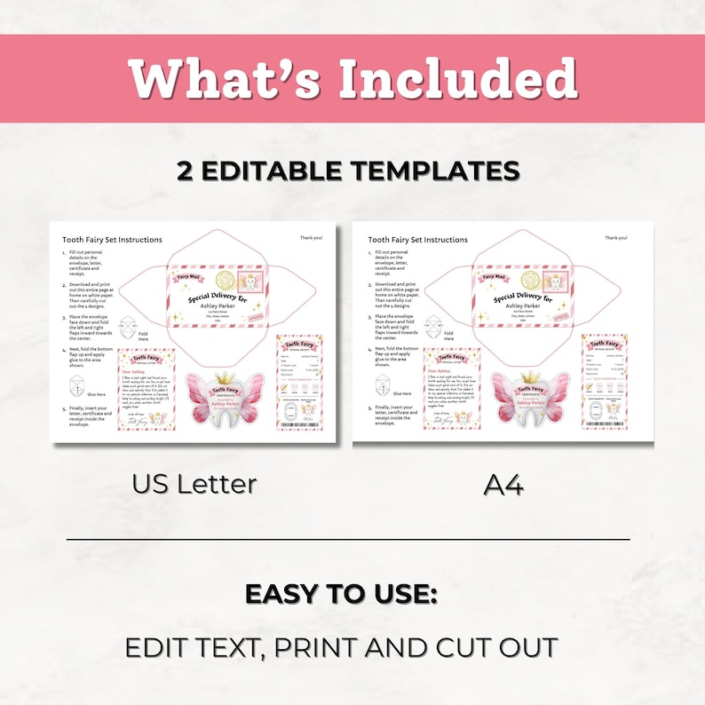 Editable Mini Tooth Fairy Letter Set Pink, Printable Tooth Fairy Kit ...