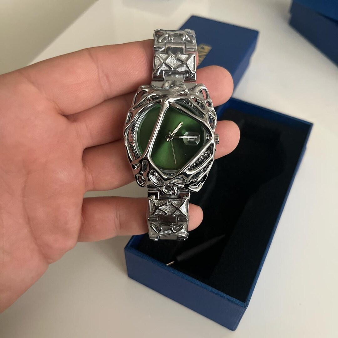 Silver Green Alabaster Opium Gothic Style Chrome Spike Watch Y2K Alien ...