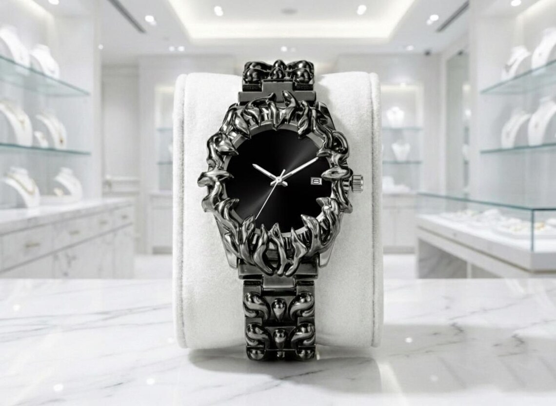 Black Soldered Alabaster Style Opium Gothic Chrome Watch Y2K Quartz ...
