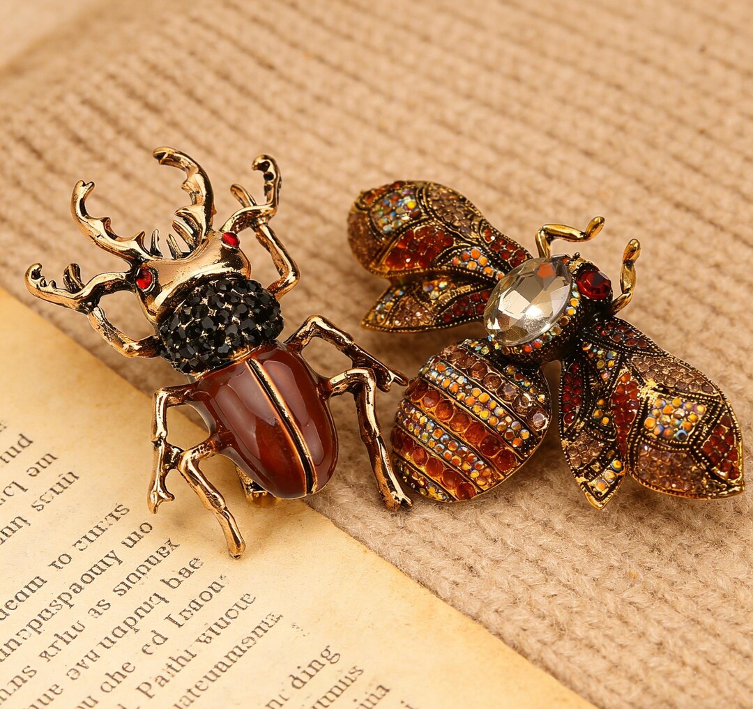 Vintage Style Stag Beetle Brooch - Amber Enamel Insect Pin - Entomology ...