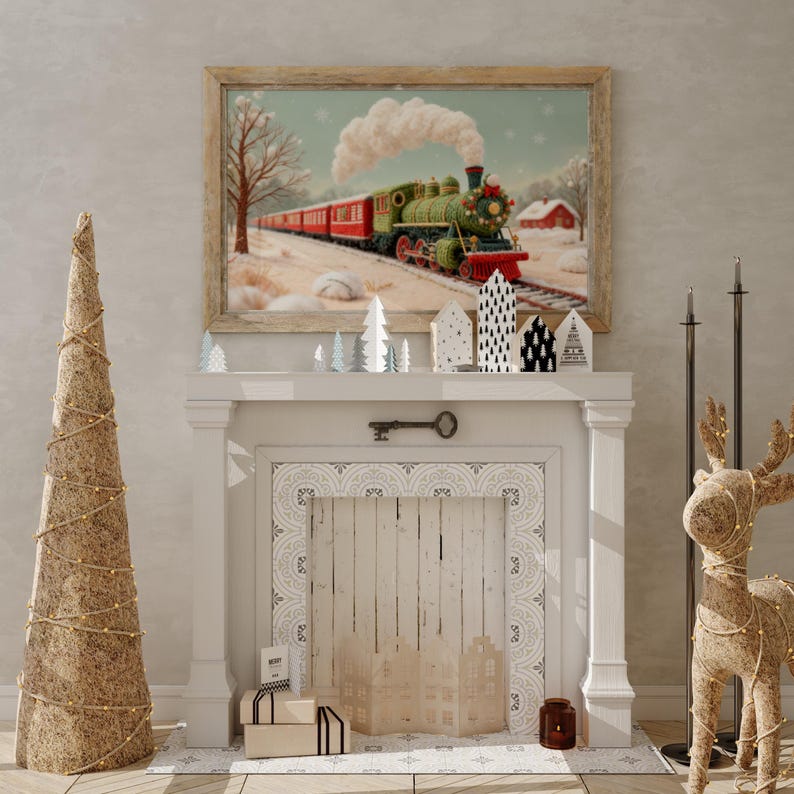 Knitted Christmas Train Printable Art Cozy Winter Horizontal Holiday ...