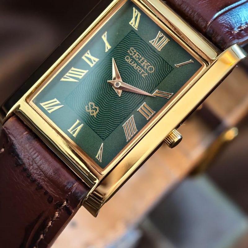 Black leather gold rectangle watch - Etsy.de