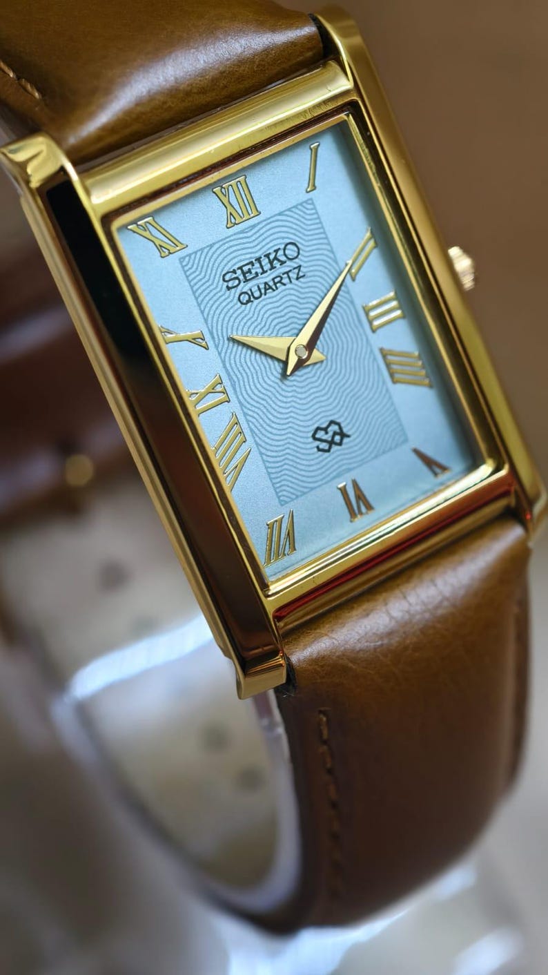 Vintage Seiko Quartz Watch: Gold Rectangular Case, Sky Blue Dial - Etsy