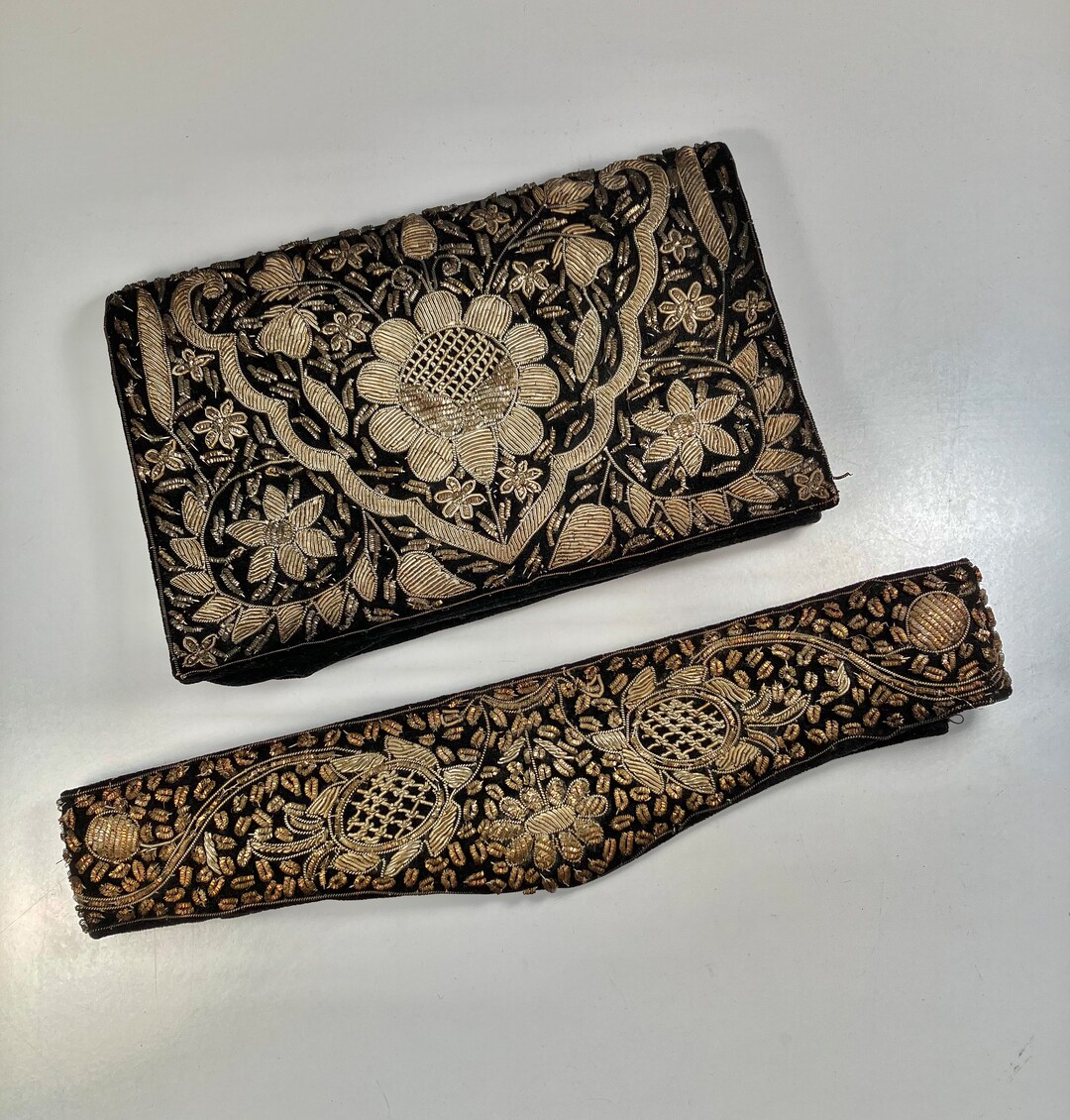 Vintage Gold Silver Bullion Embroidered Clutch Purse Black Velvet ...