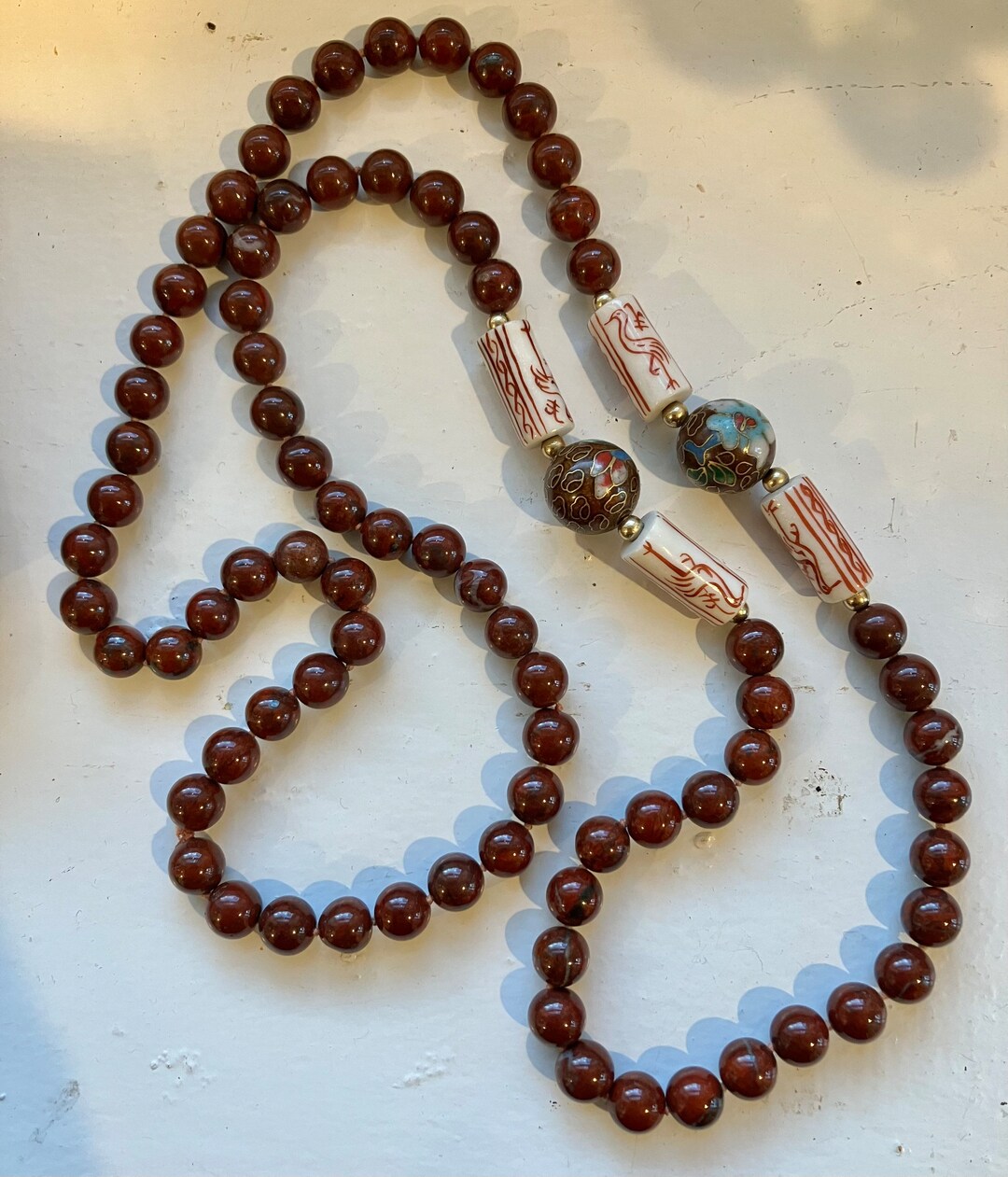 Chinese Cloisonne Red Jasper 30" Bead Necklace Hand Knotted Painted ...
