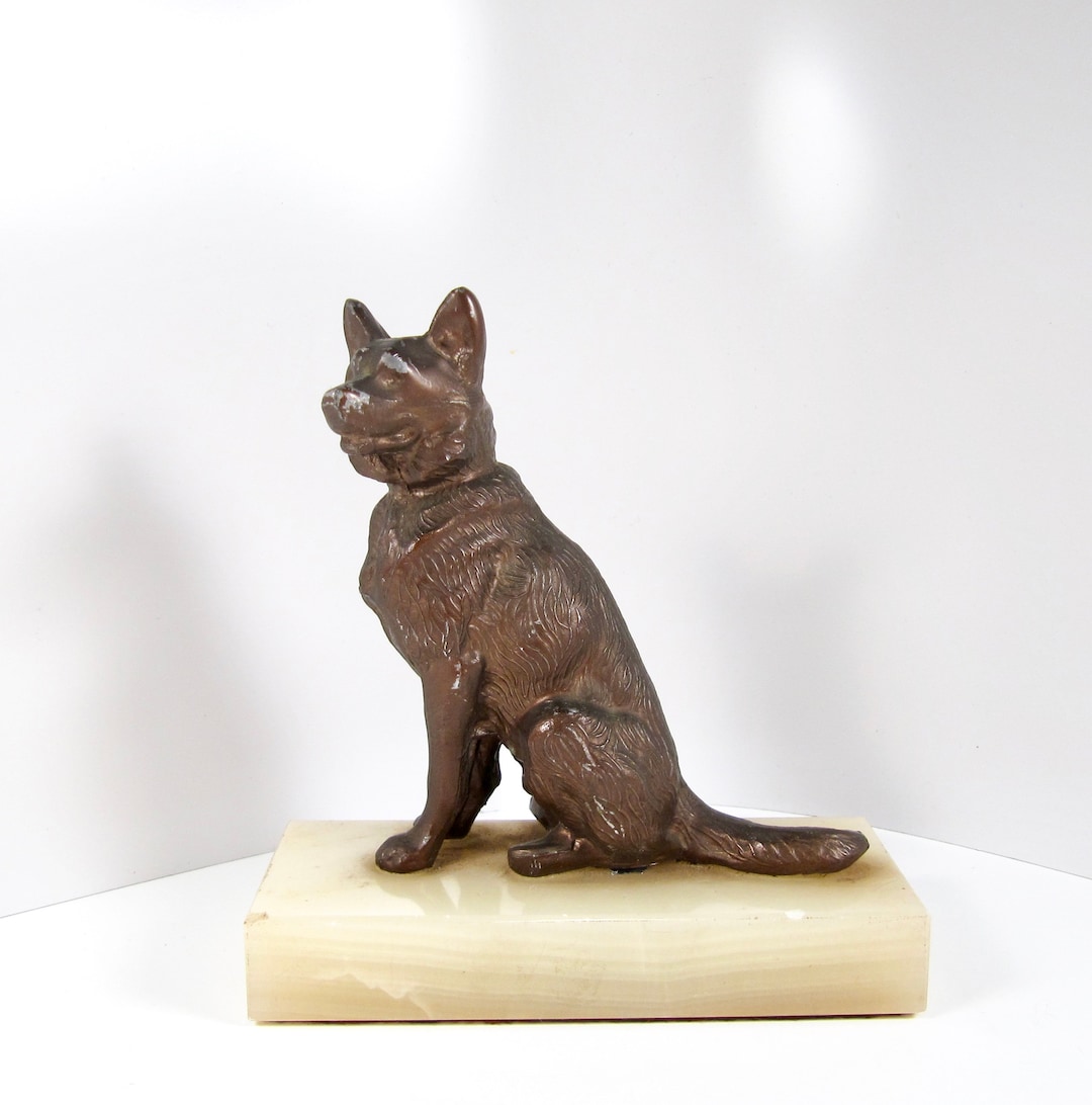 Vintage Bronzed Metal German Shepherd Dog Malinois Statue Marble Base 6 ...