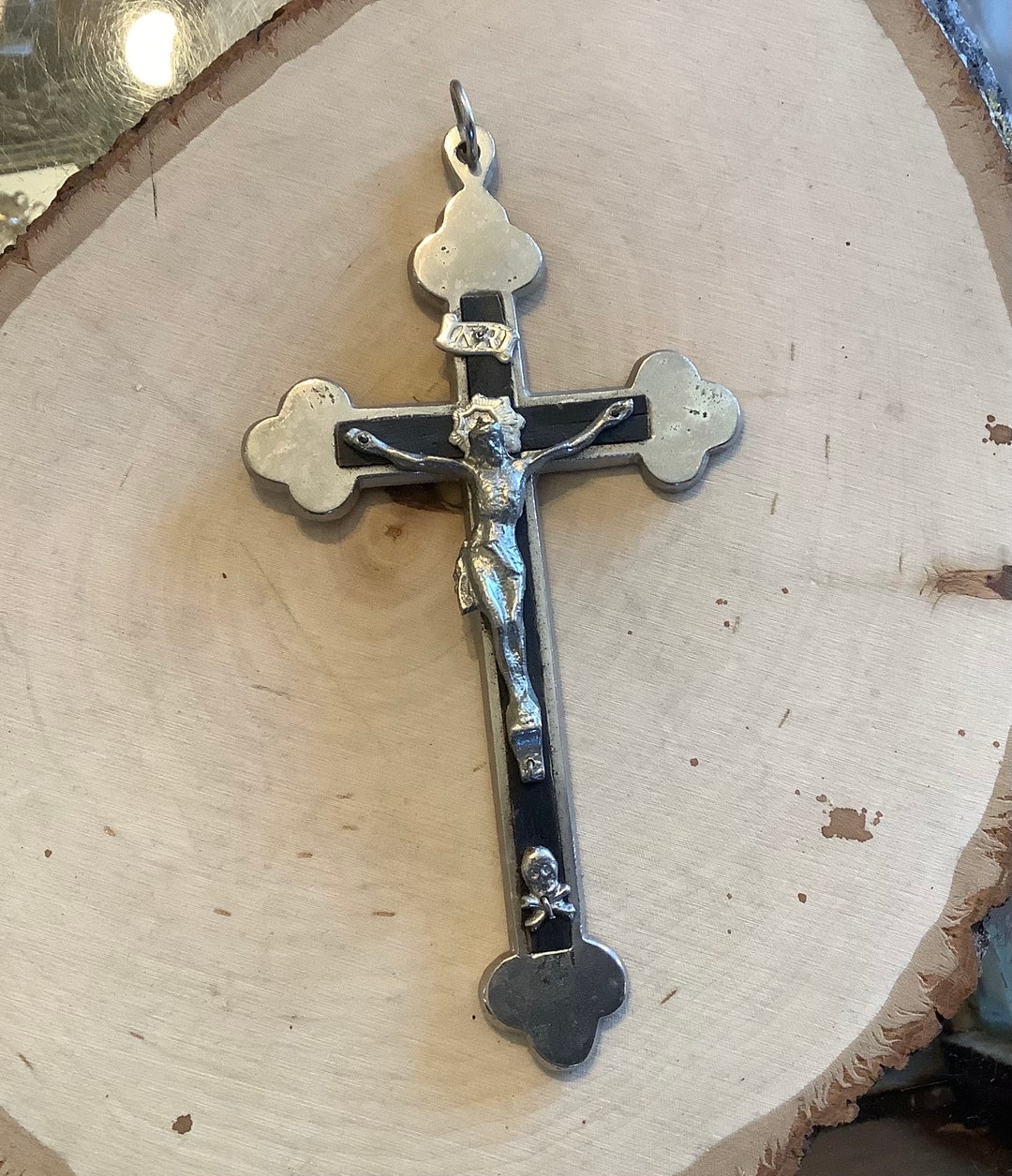 Vintage Budded Crucifix From Nun 5-1/4” Nickel Silver & Ebony Skull ...