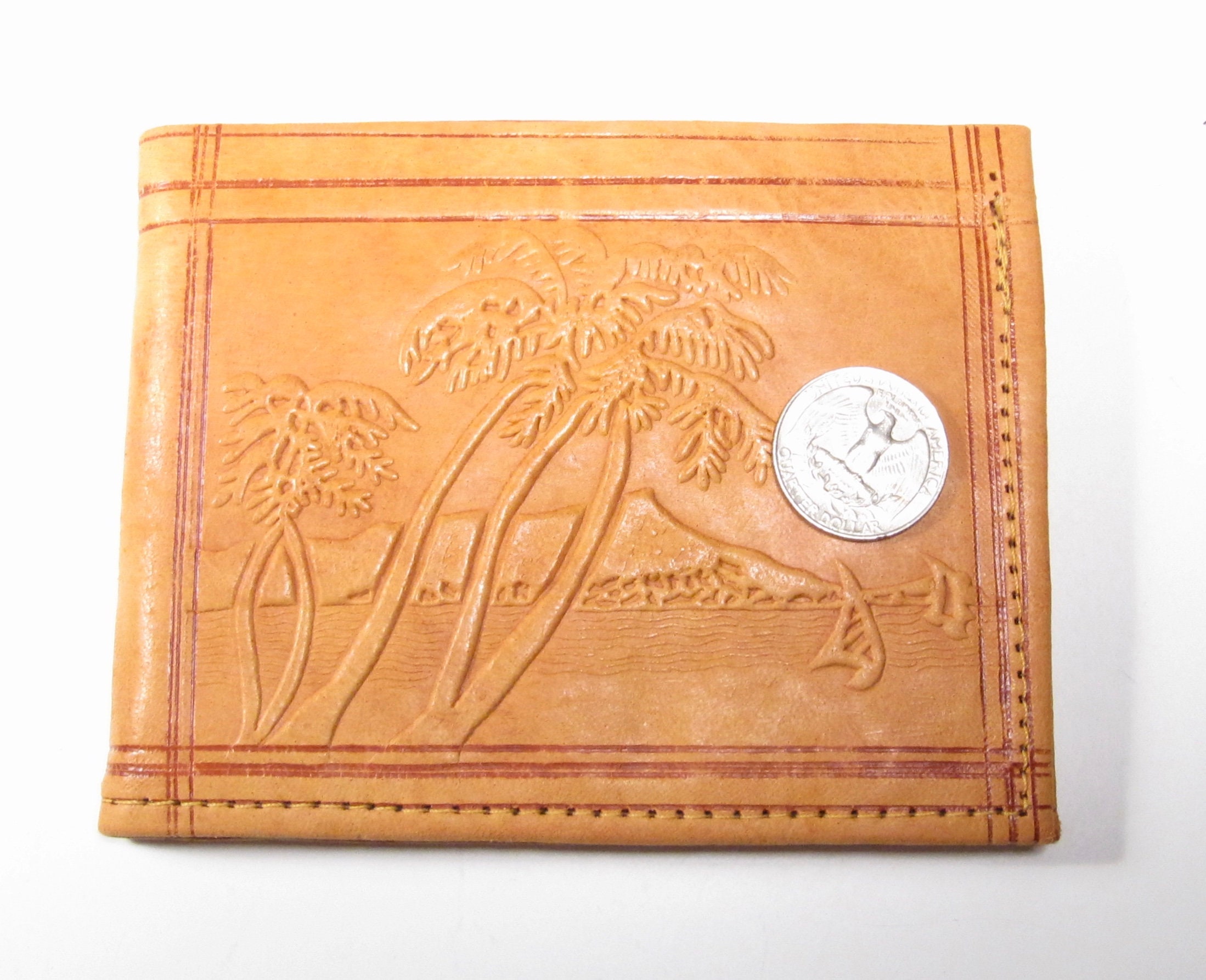Hawaii Palm Tree Mountain Tooled Bifold Wallet Tan Leather | Etsy