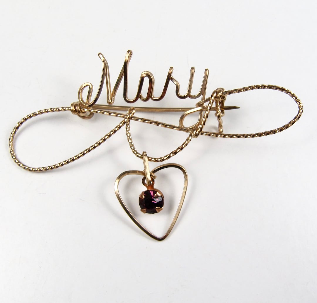 Vintage Gold Filled Wire Name Pin MARY Heart Charm Purple Glass ...