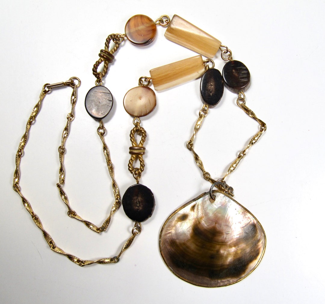 Vintage Hobe Signed Natural Shell & Polished Wood Shell Chain Necklace ...