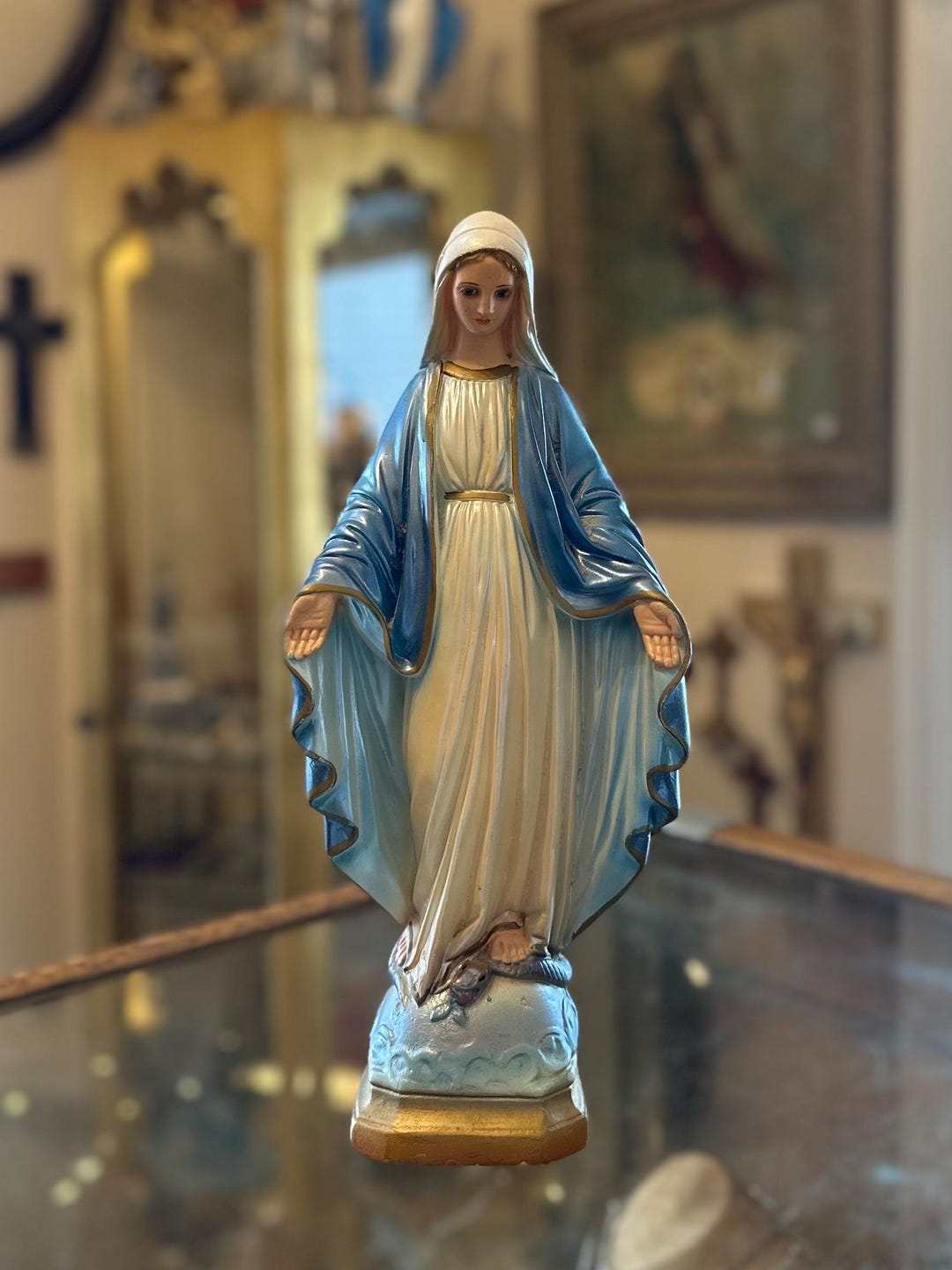 Vintage Iconic Virgin Mary Chalkware Statue 13.5” Blue Shroud Snakes ...