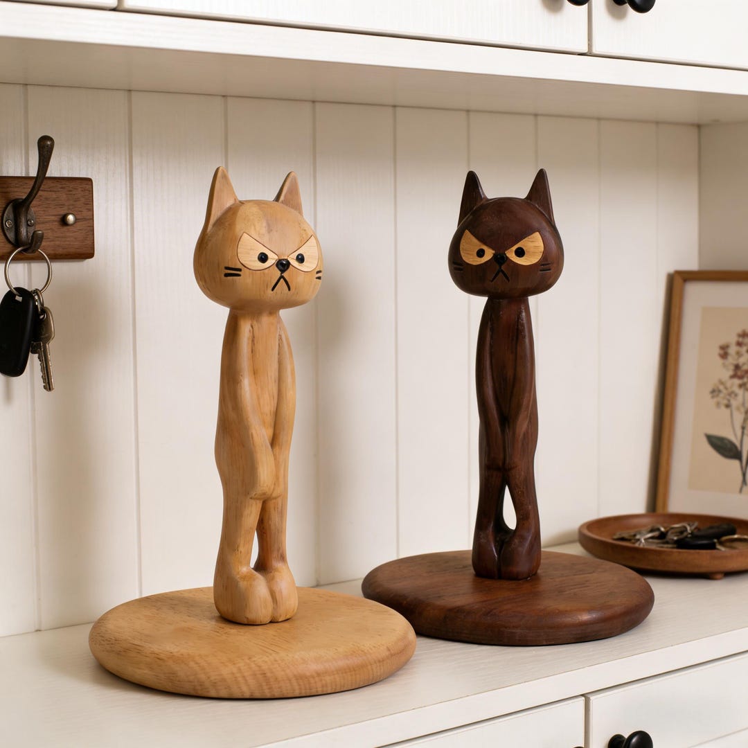 Handmade Wooden Angry Cat Tissue Holder - Quirky Kitchen Decor (2 Pcs ...