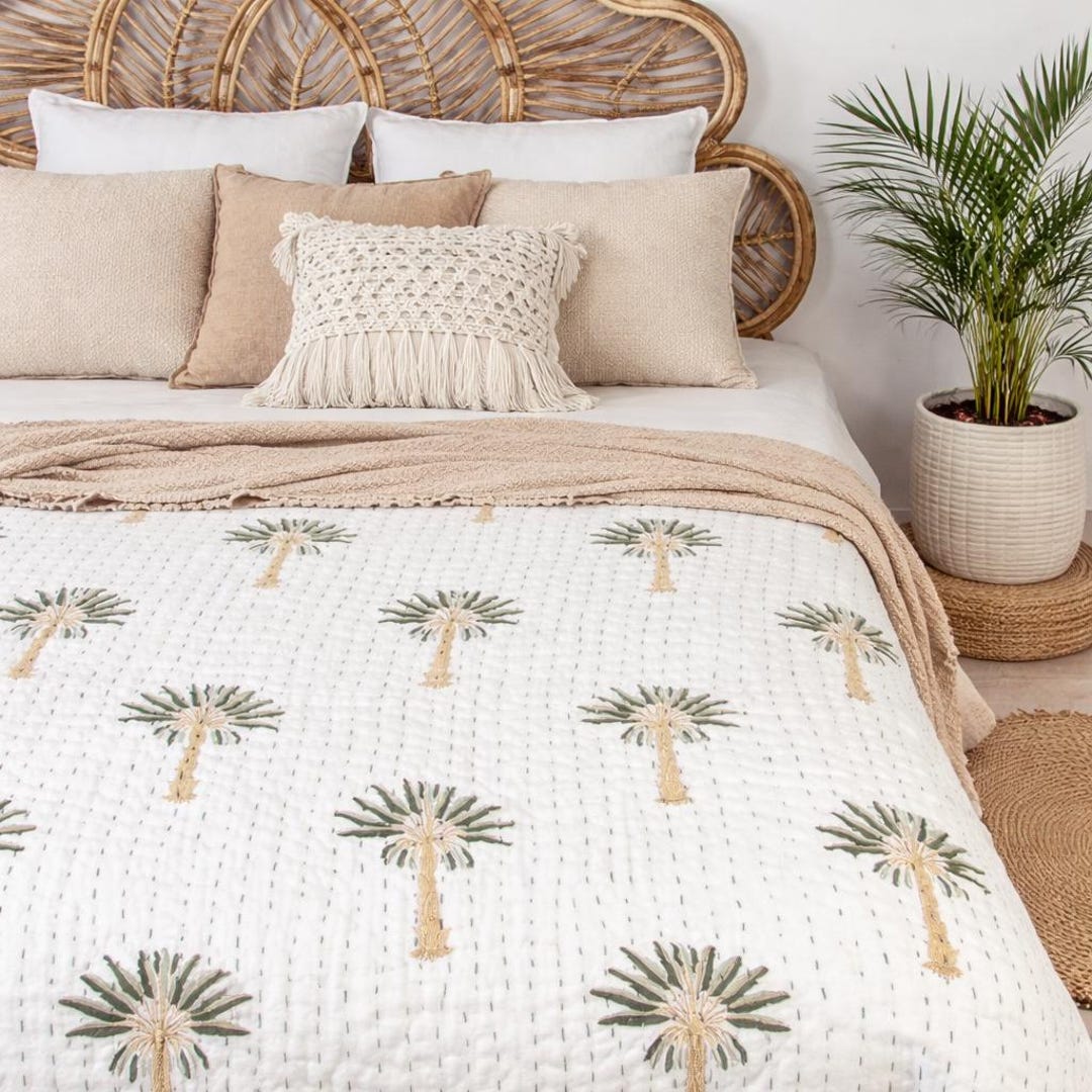 Handcrafted Palm Tree Kantha Quilt – White Tropical Bedspread, Boho ...