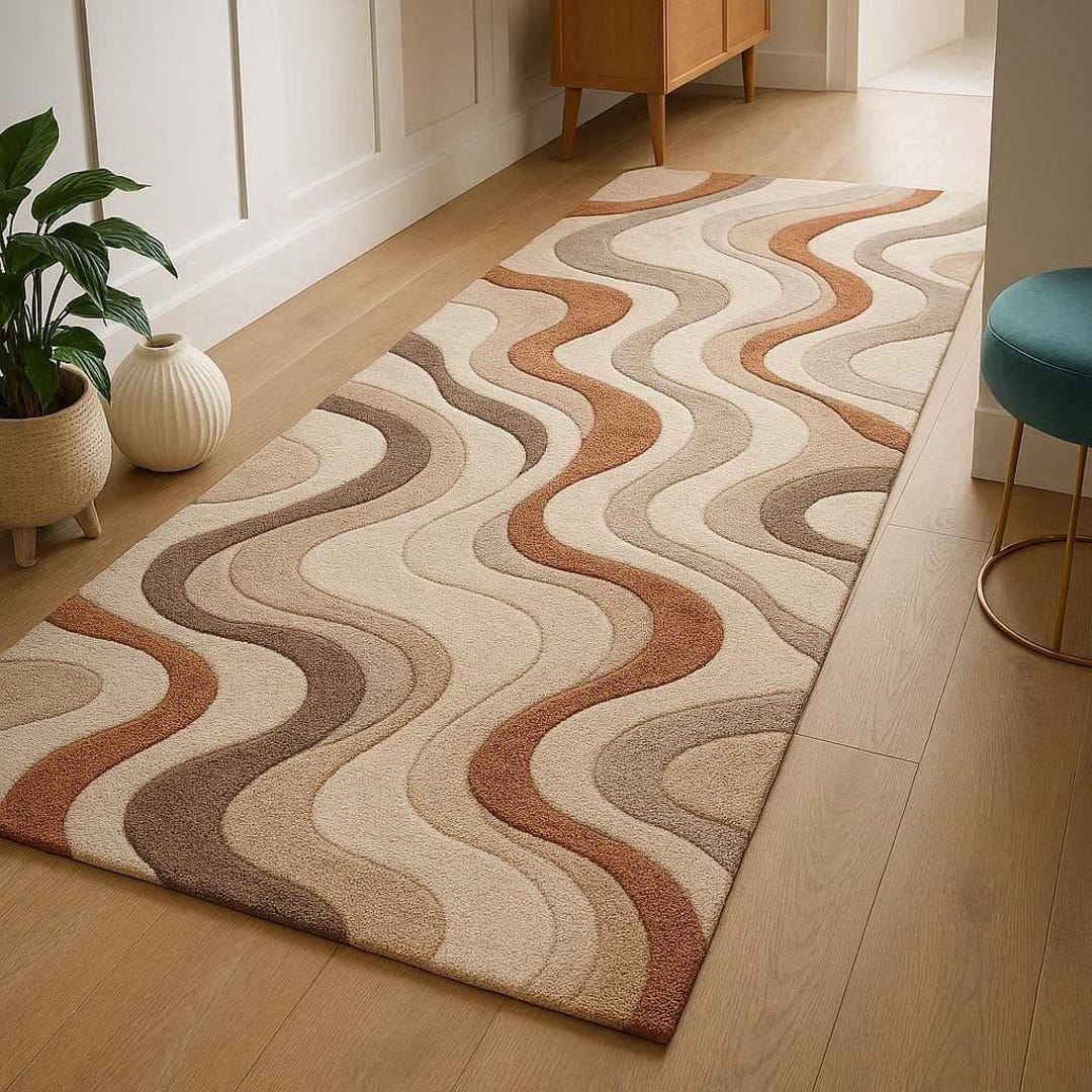 Hand Tufted Wavy Wool Runner Rug Custom 2.5x8 Groovy Mid Century Modern ...