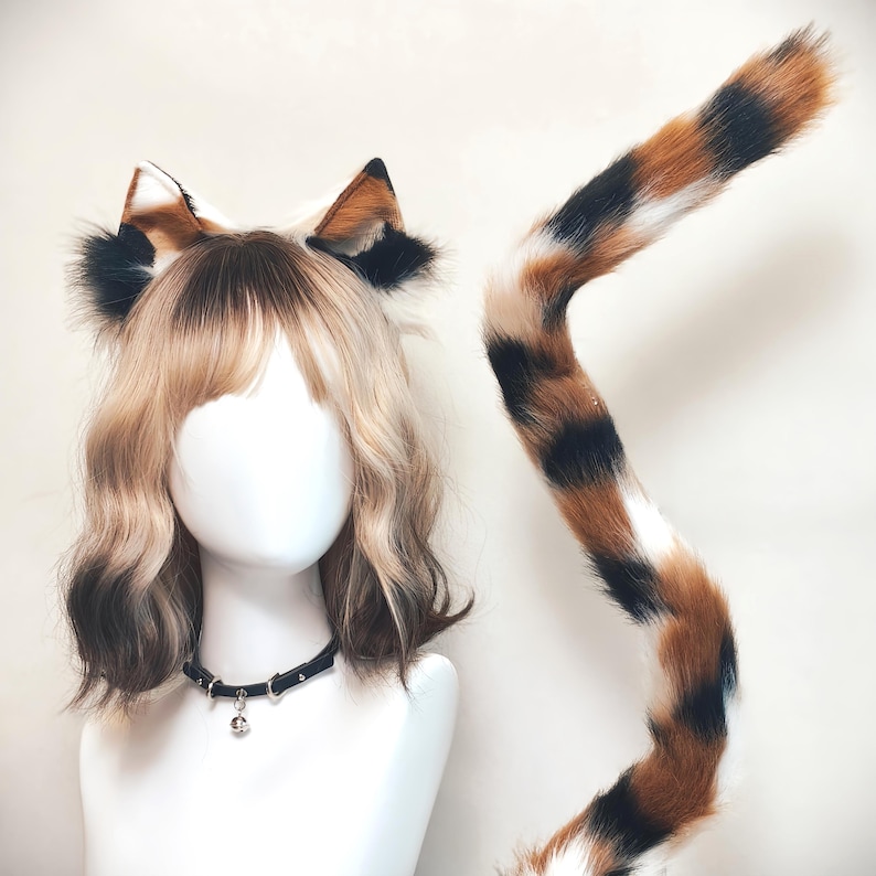 Realistic Faux Fur Calico Cat Ears Tail Wig Choker Set Furry Pet Play ...