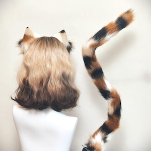 Realistic Faux Fur Calico Cat Ears Tail Wig Choker Set Furry Pet Play ...