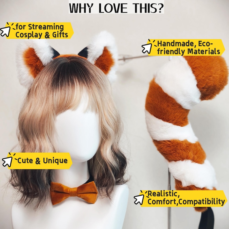 Cute Red Panda Ear Tail Set Kemonomimi Cosplay Wig Choker Furry Gift ...