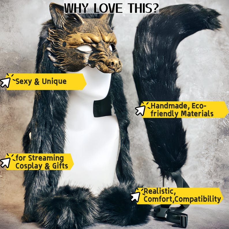 Handmade Realistic Wolf Mask Tail Cuff Claw Nails Set Cosplay Costume ...