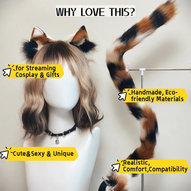 Realistic Faux Fur Calico Cat Ears Tail Wig Choker Set Furry Pet Play ...